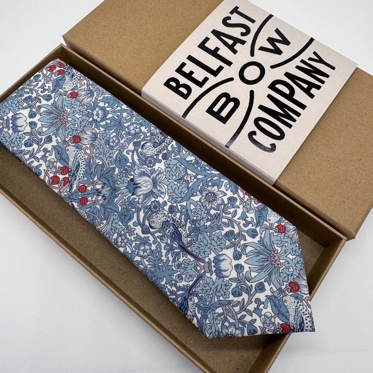 Liberty of London Tie in Slate Blue Bird Motif - Belfast Bow Company