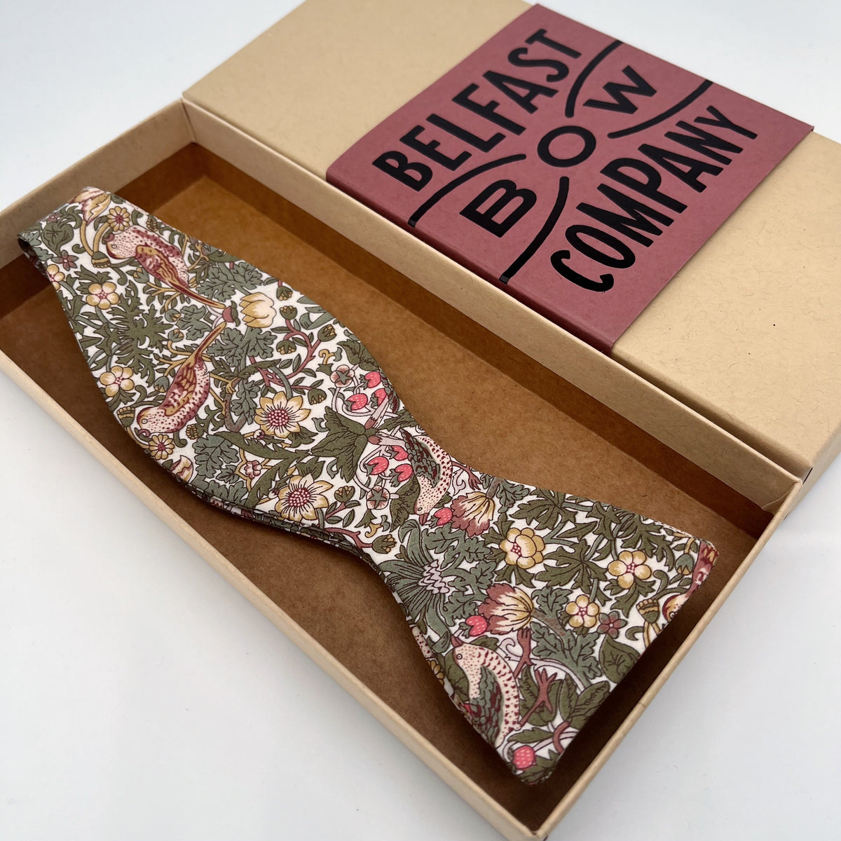 Self-Tie Bow Tie in Olive Green Strawberry Thief - Belfast Bow Company