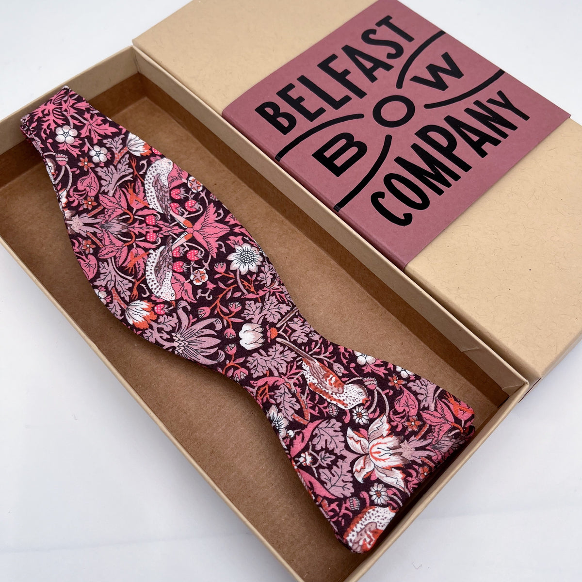 Self-Tie Bow Tie in Burgundy Strawberry Thief - Belfast Bow Company